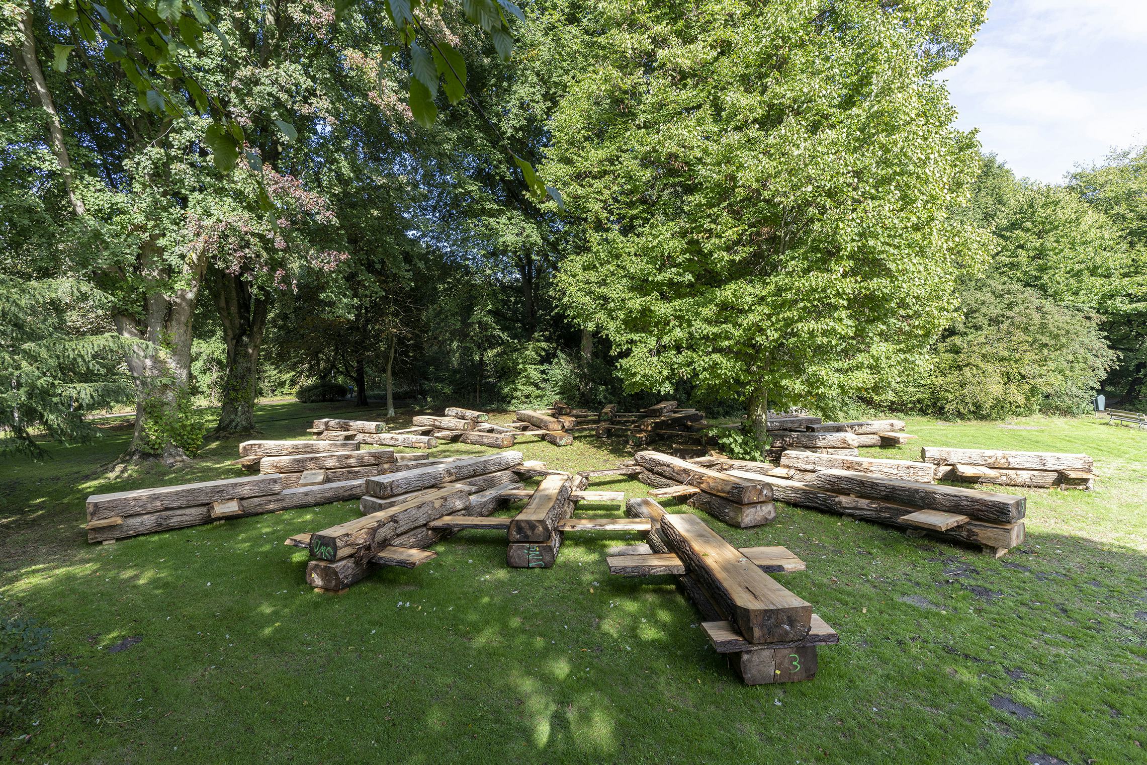 Kunstenaar Elmo Vermijs leende 48 boomstammen en bouwde een parlement